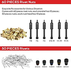 Eastvolt Rivet Nut Tool, 3 in 1 Hand Rivet, Rivet Gun Rivet Nut Tool Reamer 3 in 1 Set, Including 60Pcs Rivet Nuts, 6 Metric & SAE Mandrels and 2 Reaming Mandrels with Carrying Case (BT-501)