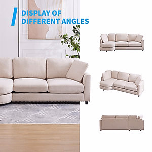 Mjkone 89" Sectional 3-Seat Sofa Couch, Living Room Minimalist Sofa, Modern Upholstered Linen Fabric Curved Cloud Sofa, L-Shaped Couch with Chaise & Support Throw Cushion for Apartment Office – Beige