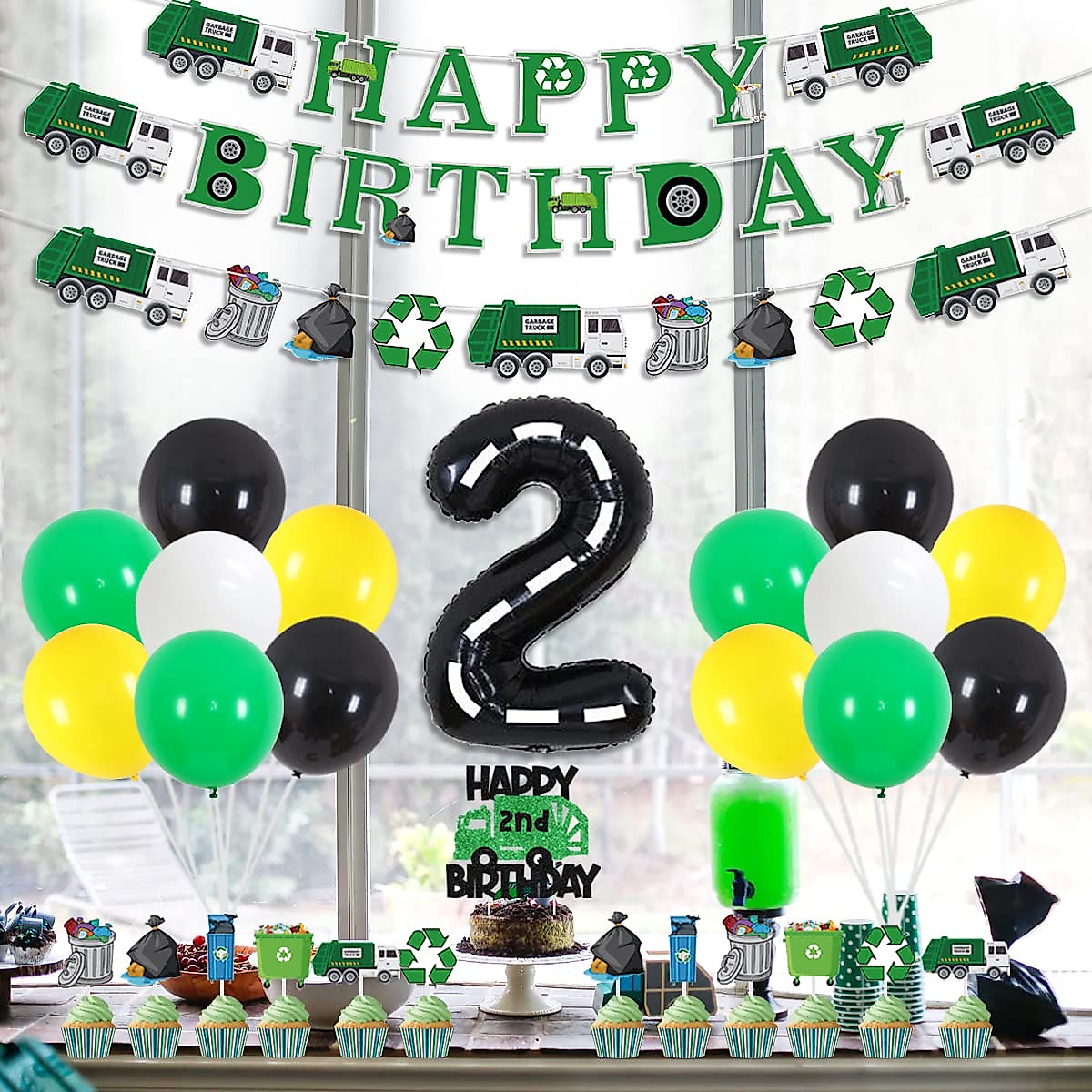 Garbage Truck 2nd Birthday Party Decorations Trash Truck Happy Birthday Banner Garland Cake Topper Cupcake Toppers for Waste Management Birthday Party Decor Supplies