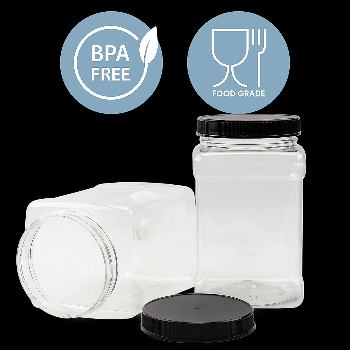 Cornucopia 48oz Square Plastic Jars (3-Pack); Clear Rectangular 6-Cup Canisters w/ Black Lids, Easy-Grip Side