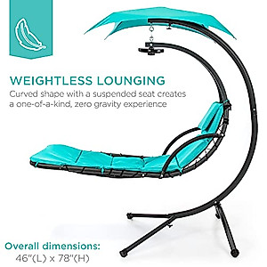 Best Choice Products Hanging LED-Lit Curved Chaise Lounge Chair Swing for Backyard, Patio, Lawn w/ 3 Light Settings, Weather-Resistant Pillow, Removable Canopy Shade, Steel Stand - Teal