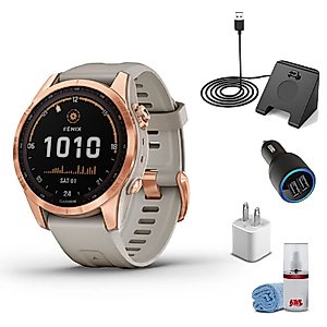 Garmin Fenix 7S Solar Edition Smart Watch Rose Gold with Light Sand Band (42mm) + Watch Charging Stand + USB Car/Wall Adapter + 6TH AVE Cleaning Kit (010-02539-10)