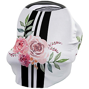 Baby Nursing Cover Carseat Canopy Spring Watercolor Blossom Pink Flowers Breathable Privacy Breastfeeding Scarf White and Black Stripe Multi Use Car Seat Covers for Boys or Girls