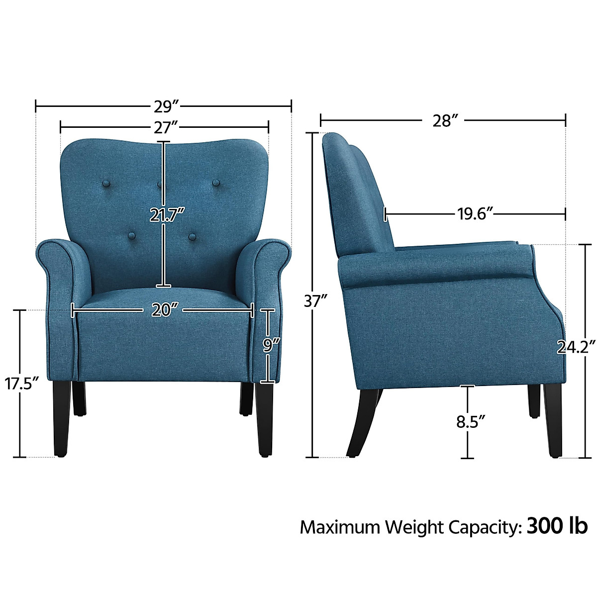 Yaheetech Modern Armchair, Mid Century Accent Chair with Sturdy Wood Legs and High Back for Small Space, Upholstered Fabric Sofa Club Chair for Living Room/Bedroom/Office, Navy Blue