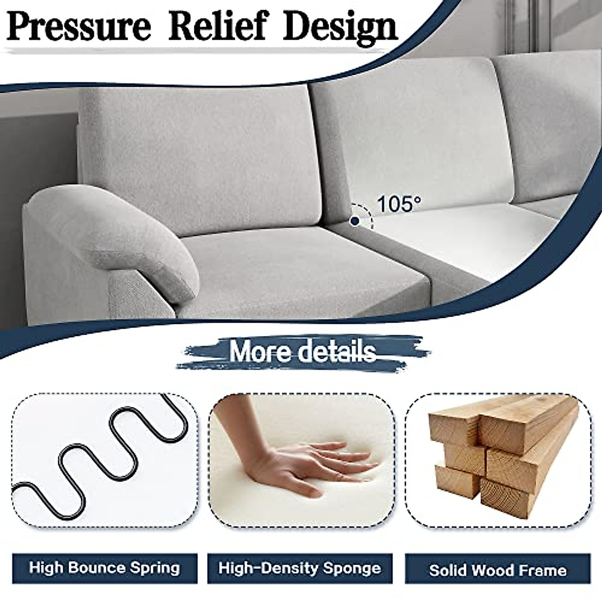 Meilocar Sofa Couch, 79" Sectional Convertible L Shaped Couch with Reversible Ottoman, 3-Seat Sofa Sectional with Removable Armrest for Living Room, Apartment, Small Space, Light Grey