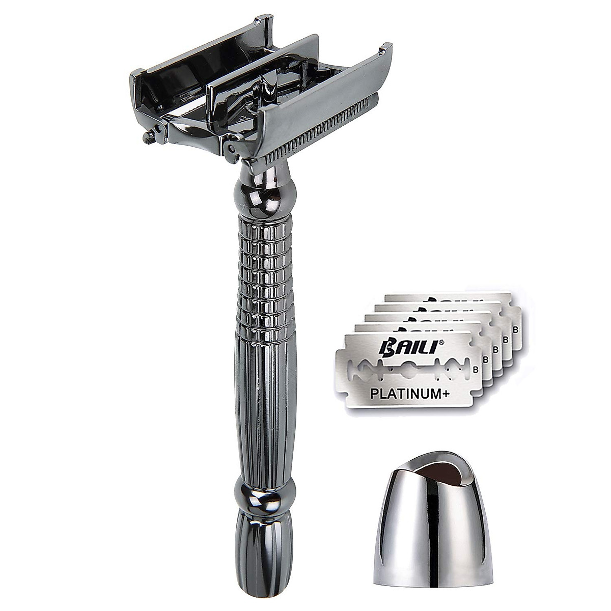 BAILI Butterfly Open TTO Double Edge Safety Razor Long Handle Wet Shaving for Men Women with 5 Platinum Blades and Stand Agate Black BD278L