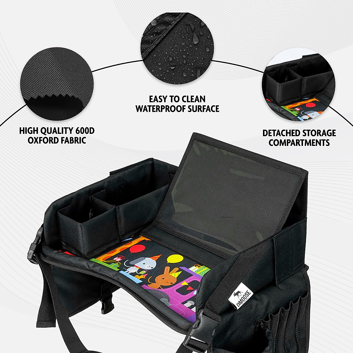 DMoose Kids Travel Tray, Toddler Car Seat Lap Activity Tray with Padded Comfort Base, Side Walls, Mesh Snack Pockets, Tablet Holder, Waterproof Car Seat, Stroller, Airplane Play and Learn Area (Black)