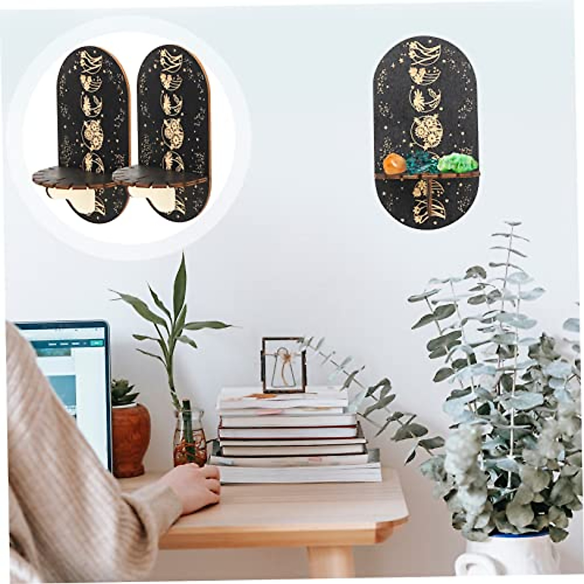 Amosfun 6 pcs Wall Oil Mount Shelves Supplies Organizer Bed Bohemian Stone for Crystal Moon Rustic Hanging Mounted Phase Rack Decoration Gems Floating Essential Wooden Delicate Display