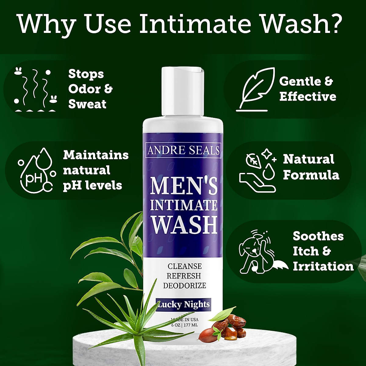 Andre Seals Intimate Wash for Men, Lucky Nights Scent – Refreshing Genital Care & Odor Control, Ball Wash For Men, Ensures Day-Long Freshness, I Rich Lather Formula | Men's Hygiene