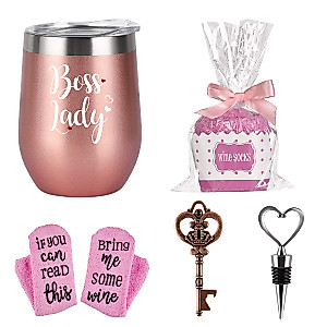 Boss Lady Wine Tumbler Cupcake Wine Socks Set, Bosses Day Christmas Gifts for Women Boss Female Friends Mom, 12 Oz Insulated Stainless Steel WineTumbler with Lid, Socks, Opener, Stopper, Rose Gold
