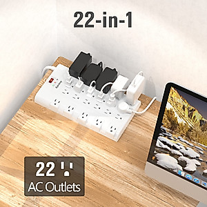 SUPERDANNY Power Strip Surge Protector, 22 AC Multiple Outlets, 1875W/15A, 2100 Joules, 6.5Ft Flat Plug Heavy Duty Extension Cord for Home, Office, Dorm, Gaming Room, White