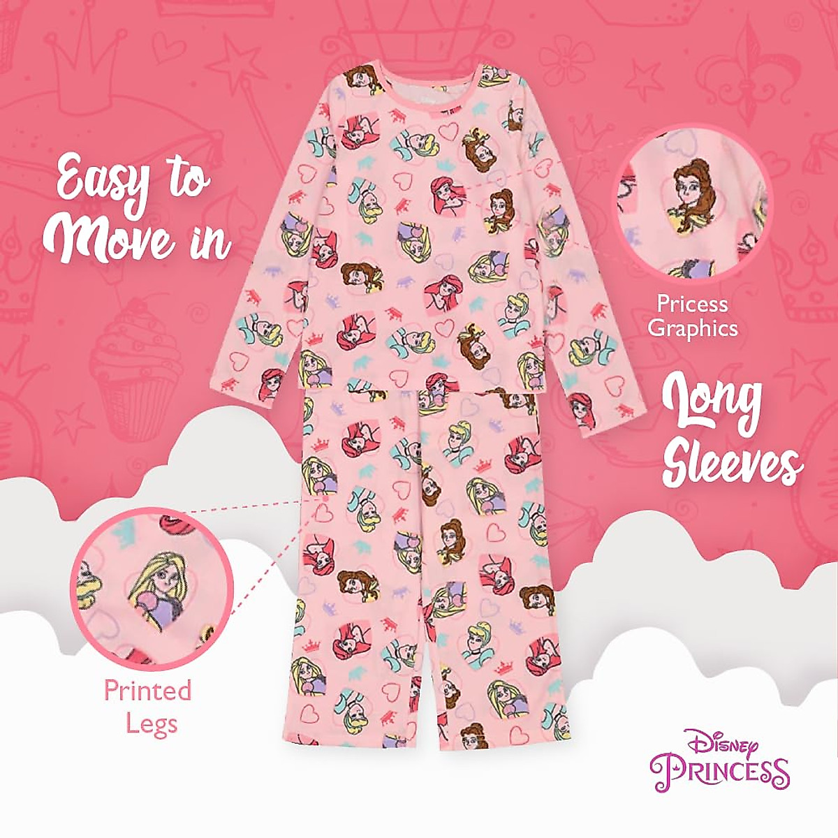 Disney Girls' Princess 5-Piece Loose-Fit Pajamas Set, ONCE UPON A TIME, 4