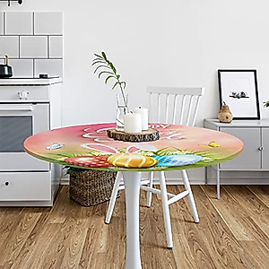 Easter Round Tablecloth with Elastic Edge, Happy Easter Rabbit Bunny Egg Fitted Tablecloth Washable Wipeable Spillproof Polyester Table Cover for Kitchen Dining Party Holiday Fits Round Table 45-56 In