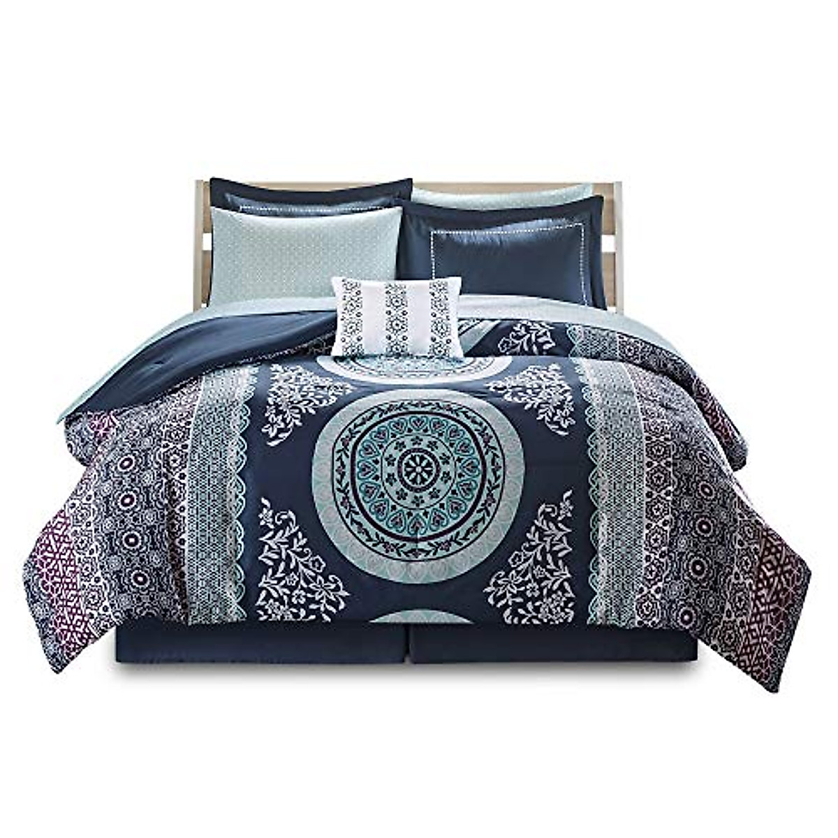 Intelligent Design Complete Bed In A Bag Casual Boho Comforter with Sheet Set Decorative Pillow, All Season Bedding Set, Queen, Loretta Navy 9 Piece