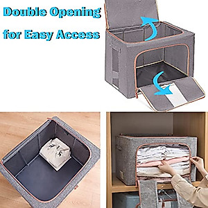 100L Large Clothes Storage Bags, Stackable Storage Bins with Hold Shape Metal Frame, Foldable Closet Organizer Storage Containers with Zipper, Clear Window, Durable Handles Thick Fabric Storage Box for Seasonal Clothing & Bedding (Gray, 3 Pack)