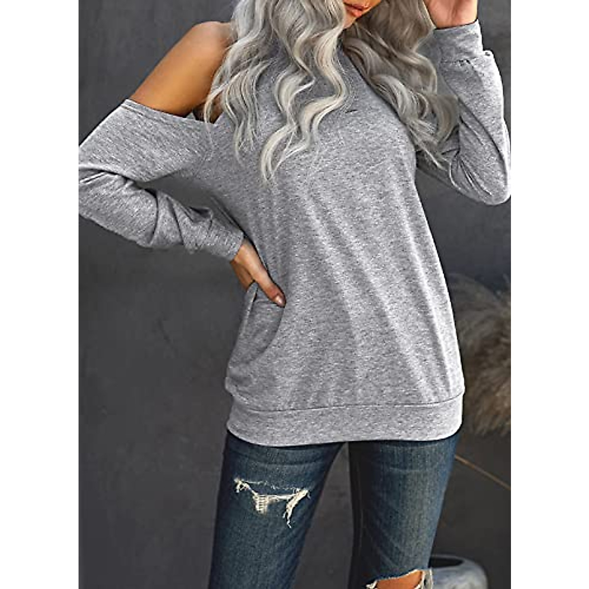 Dokotoo Fall Casual Cold Shoulder Tops for Women Hollowed Out Long Sleeve Sweatshirts T Shirt Women Open Shoulder Tops Sexy Halter Neck Top Pullover Tunic Blouses 2023 Fashion Gray XX-Large