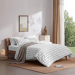 SLEEP ZONE Bedding Duvet Cover Sets Printed Grey Grid Pattern 120gsm Ultra Soft Zipper Closure Corner Ties, Grey Grid on White, King (104 x 90 inch | 2 Pillow Shams)