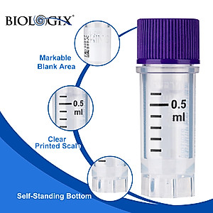 CryoKING 0.5ml Cyogenic Vials, Cryogenic Vials with External Thread Blue Caps, Sterile Vials with Self-Standing Bottom, No Bottom Code, with Side Barcode, Bag of 25