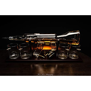 Gun Large Decanter Set Bullet Glasses - Limited Edition Elegant Rifle Gun Whiskey Decanter 22.5" 1000ml With 4 Bullet Whiskey Glasses and Mohogany Wooden Base By The Wine Savant