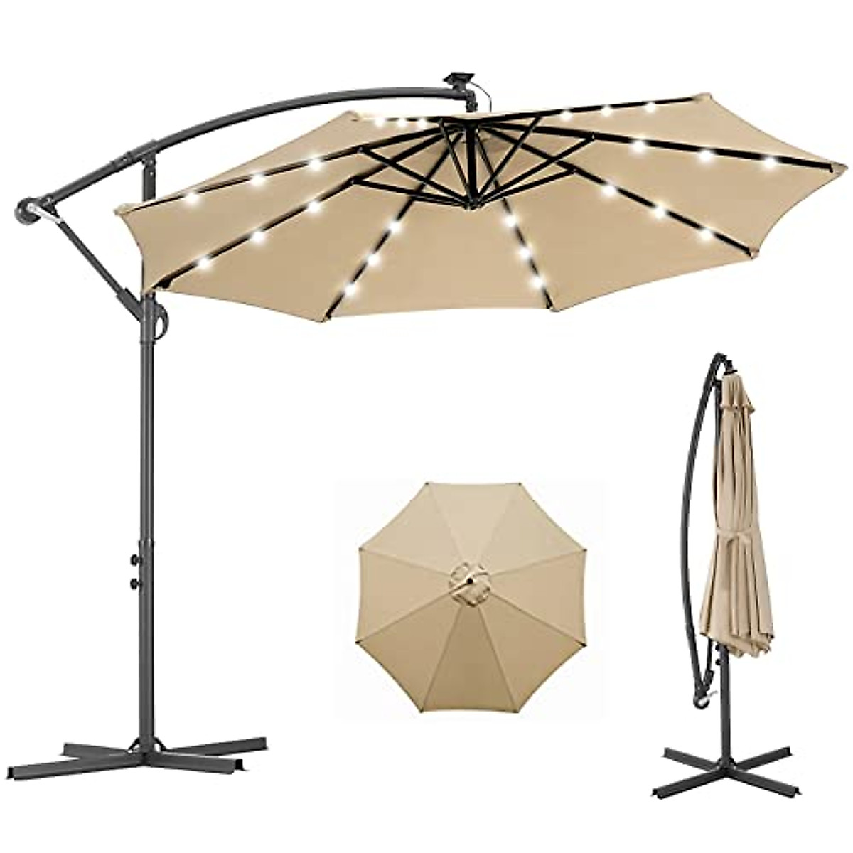 AECOJOY 10FT Patio Outdoor Umbrella with Solar Powered LED Hanging Offset Umbrella with Cross Base, 24 LED Lights for Backyard, Beige