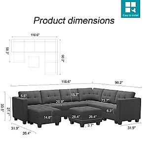 Belffin Modular Sectional Sofa Set with Ottomans Oversized U Shaped Sofa Set with Storage Seat Modular Sofa Couch with Reversible Chaises Modern Fabric Dark Grey