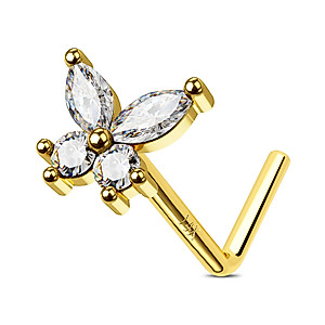 Jewseen 14K Butterfly L-Shape Nose Rings Cubic Zirconia Nose Studs 20G Nose Rings for Women Nose Piercing Jewelry Body Piercing Jewelry