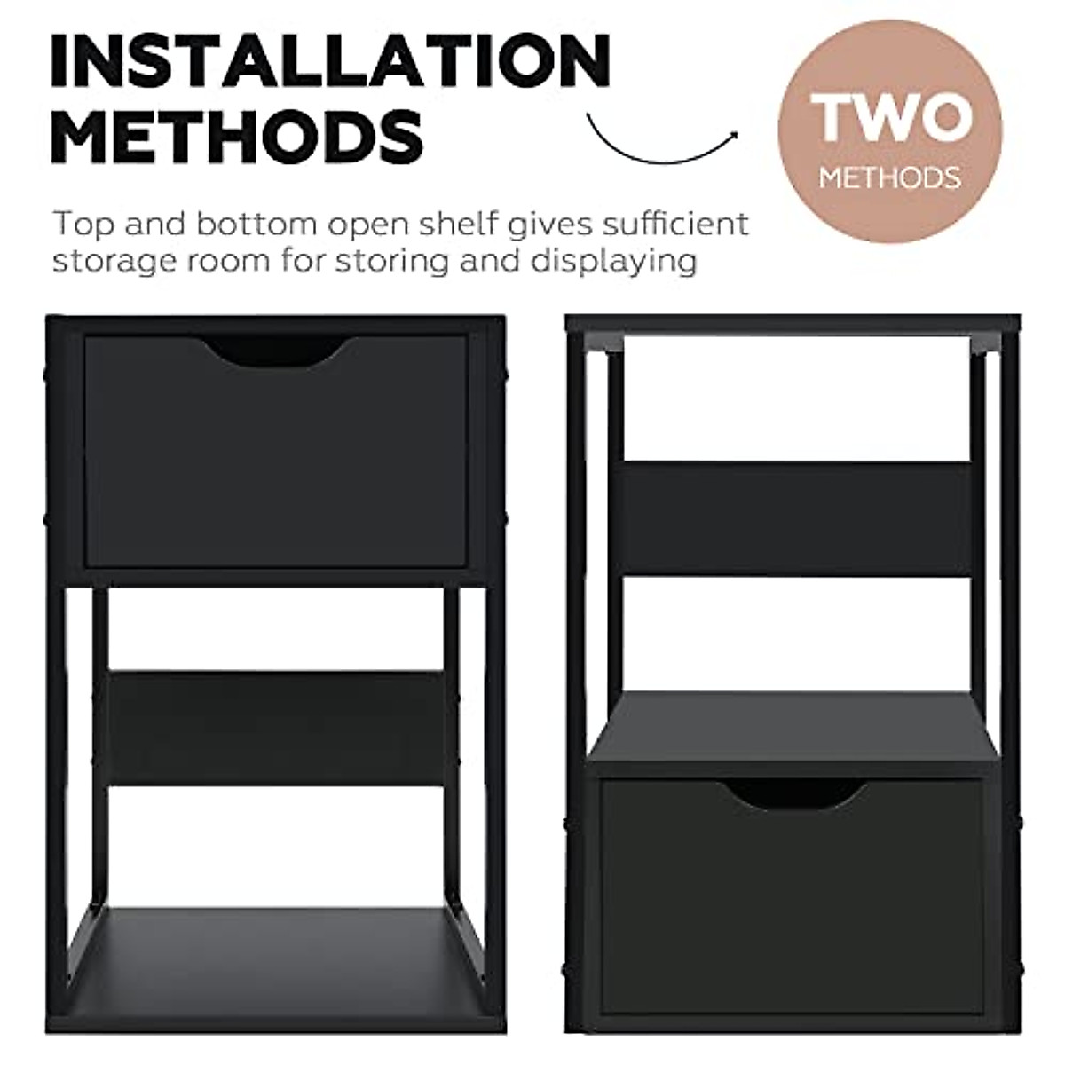 YUSING Nightstand Set of 2, Side Table with Drawer and Storage Shelf, 3-Tier End Table Bedside Table for Bedroom, Living Room, Sofa, Couch, Hall (Black)