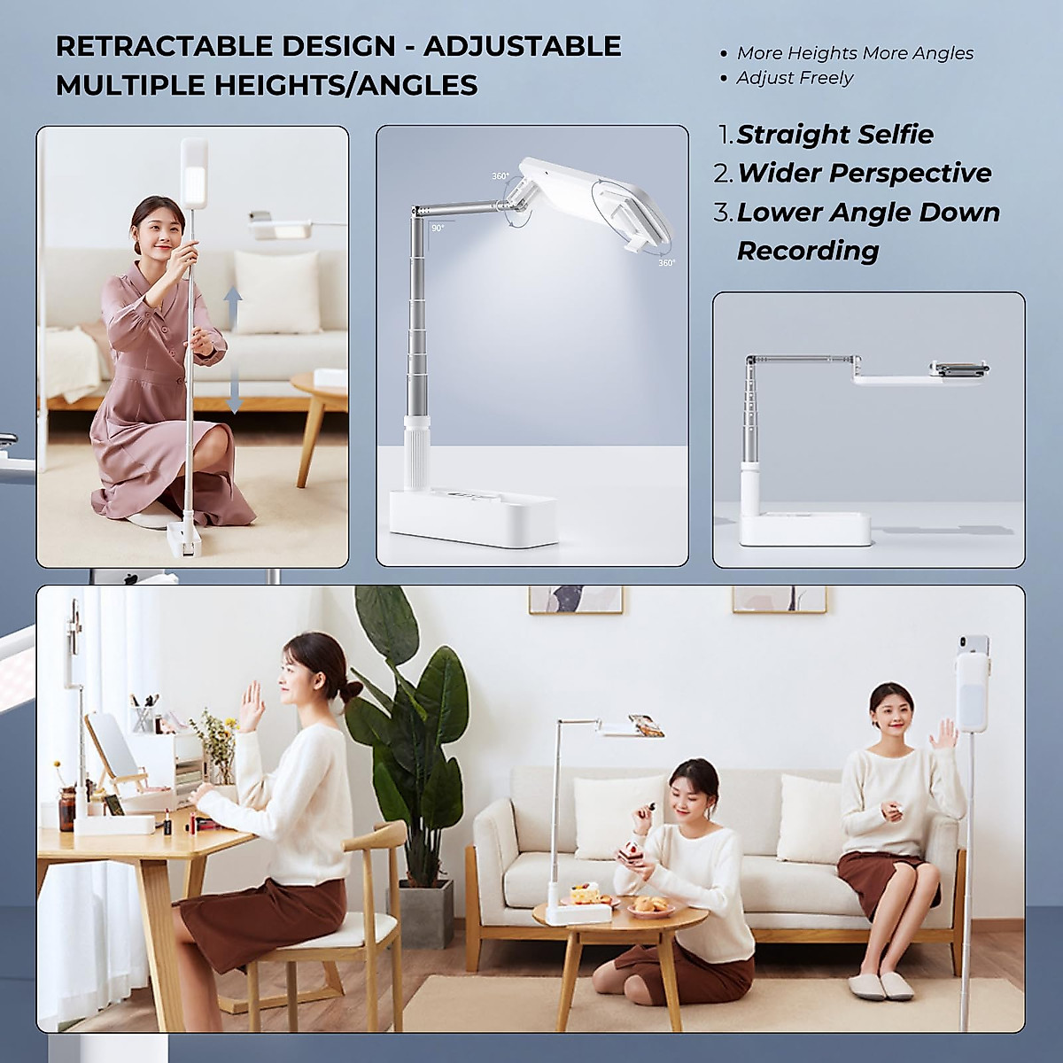 beyonday Foldable Phone Holder for Recording, Selfie Stand with Rechargeable LED Light&Wireless Remote Control 360° Rotatable Retractable Phone Stand for Video Recording/Live Streaming/Online Teaching