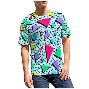 LESOCUSTOM 80s 90s Mens T Shirt Retro Big and Tall Short Sleeve Shirts Hip Hop Tee Funny Disco Outfit for Men, Memphis 4XL Blue