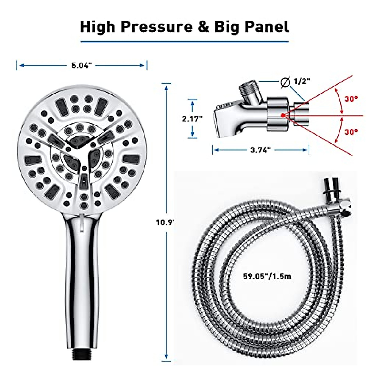 Sosirolo High Pressure Shower Head with Handheld, 8 Spray Settings + 2 Power Jet Modes Shower Heads, 5.04" Detachable Showerhead Set with Stainless Steel Hose and Adjustable Bracket