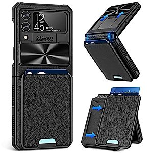 Caka for Z Flip 4 Case Wallet, Samsung Flip 4 Case with Card Holder Built in Camera Cover & Hinge Protection Magnetic Leather Wallet Case for Galaxy Flip 4 Phone Case -Black