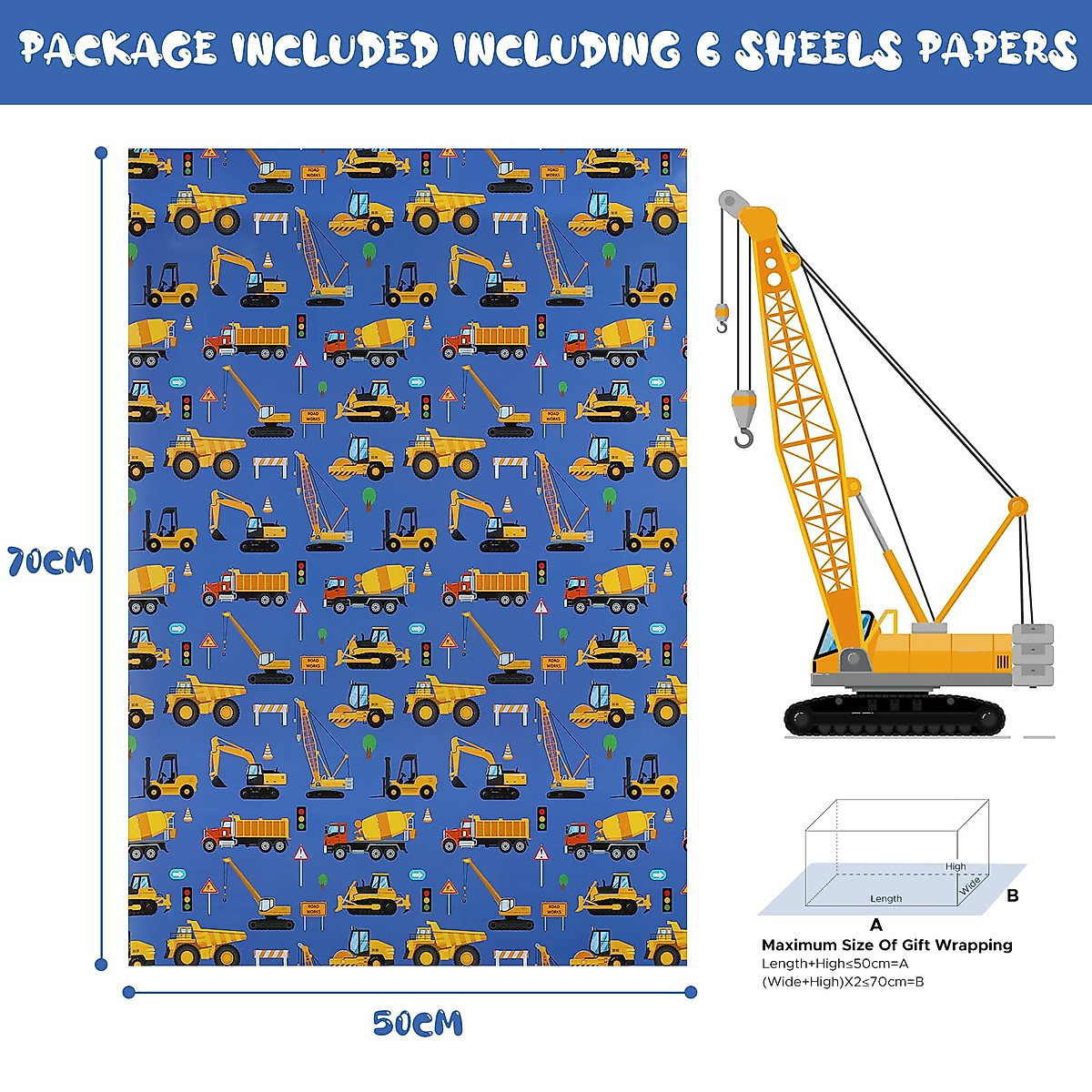 Birthday Wrapping Paper Construction Design 6 Sheets,Road Under Construction Excavator Tractor Dump Truck Wrapping Paper for Kids Boys,Folded Flat 20x28 inches per Sheet for Birthday Baby Showers