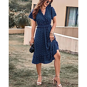 BTFBM Women's Summer Elegant Short Sleeve V Neck Swiss Dot Midi Dresses Cute Boho High Waist Long Dresses A-Line Ruffle Dress（Solid Navy,Large