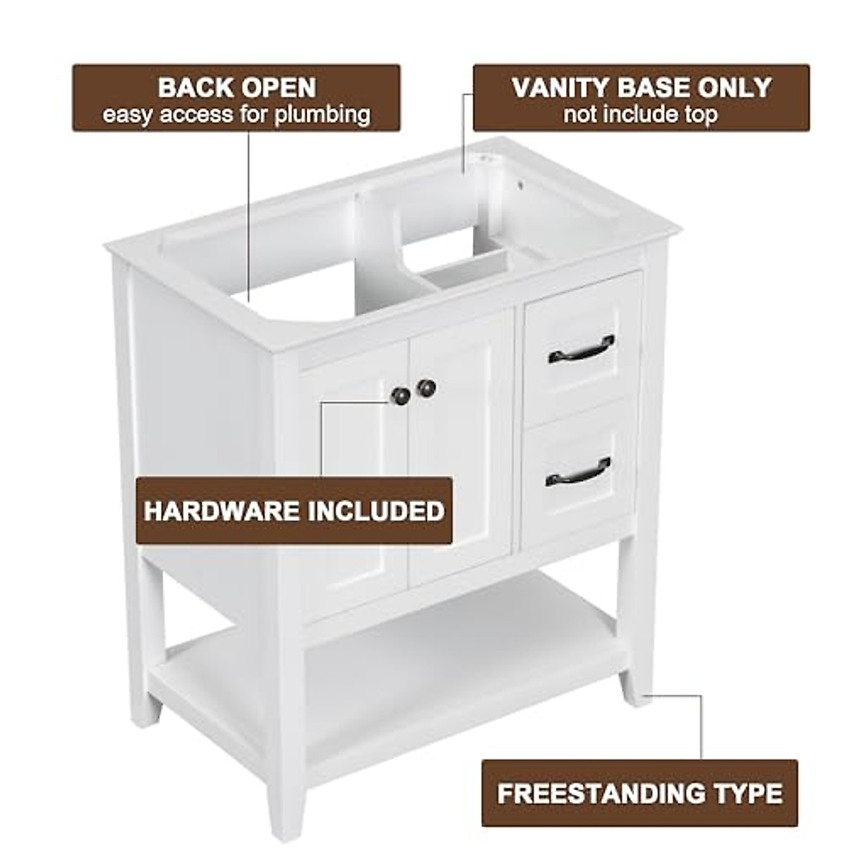 Lunanniu 30" Bathroom Vanity Without Sink, Freestanding Bathroom Vanity Cabinet No Sink 2 Soft Closing Door, Lower Open Shelf 1 Drawer with 2 Tiers Black Drawer Handle Modern Design White