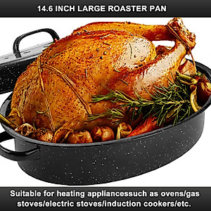14.6 Inch Roaster Pan, Enamel Oval Turkey Roasting Pan with Domed Lid - Mother's Gift, Covered, Non-sticky, Free of Chemicals - Rôtissoire Chicken Meat Roasts Casseroles & Vegetables (14.6 Inch)