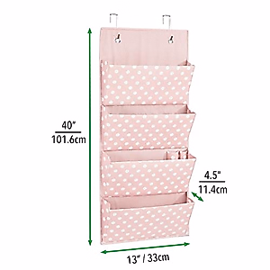 mDesign Soft Fabric Wall Mount/Over Door Vertical Hanging Storage Organizer Center - 4 Large Pockets for Baby Child/Kids Bedroom, Nursery, Playroom, Closet - Pink/White Polka Dot