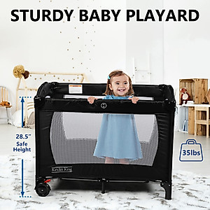 Kinder King 3 in 1 Portable Nursery Center, Foldable Playard for Baby & Toddler, Infant Pack n Play w/Bassinet, Removable Mattress, Newborn Changing Table, Travel Bag, Music Box, Storage Basket, Black