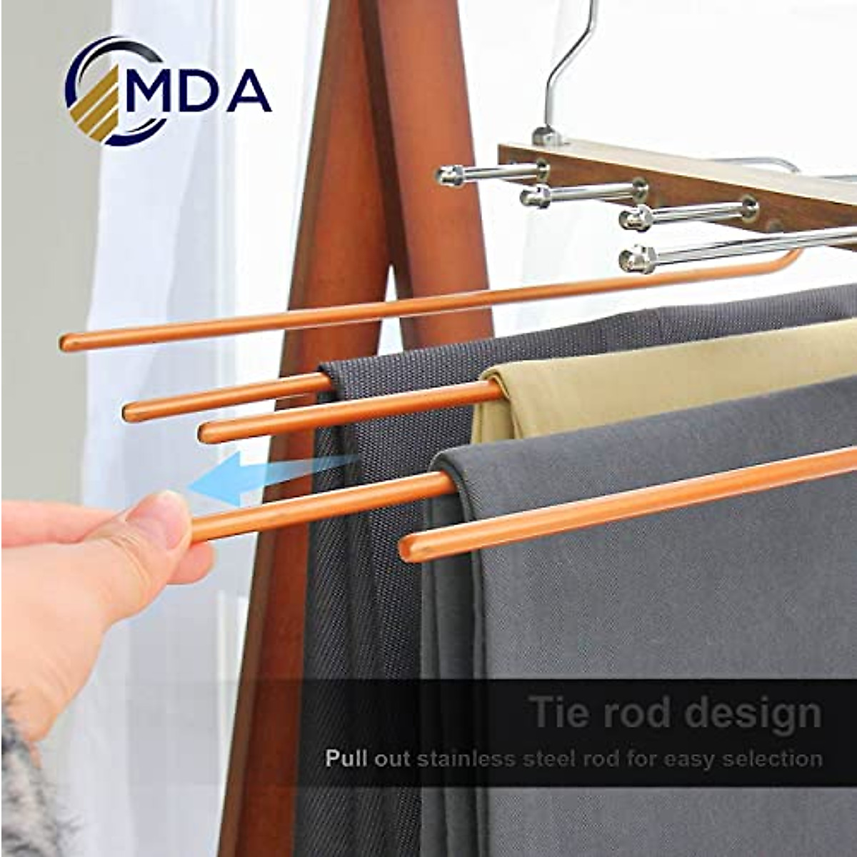 Wooden Pant Hanger - 5 Layers Space Saver - Trouser Hanger, Space-Saving 5-in-1 Trouser Hanger, Stainless Steel Extendible, Multi Hanger, Magic Hanger, Wardrobe Clothes Hanger Holder