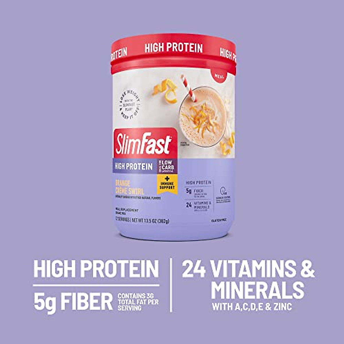 SlimFast Meal Replacement Smoothie Mix, Orange Cream Swirl, Immunity High Protein Powder, 12 Servings (Pack of 2)