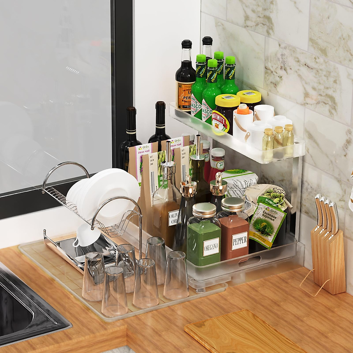 HzTinT 2 Pack Under Sink Organizer with Under Sink Tray, 2 Tier Sliding Bathroom Organizer Under Sink, L-Shape Under Cabinet Basket Organizer, Multi-purpose Pull Out Under Sink Drawers(Clear White)