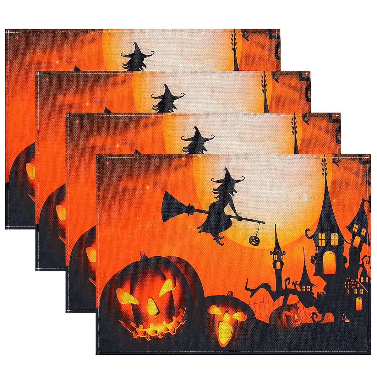 4 Pack Halloween Placemats Set Witch Pumpkin Washable Table Place Mats Trick Or Treat Autumn Table Mats for Dining Home Table Kitchen Halloween Decoration
