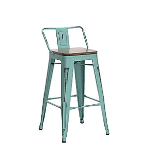 Andeworld Bar Stools Set of 4 Counter Height Stools Industrial Metal Barstools with Wooden Seats(24 Inch, Distressed Green Blue)