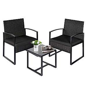 HOMEZILLIONS Outdoor Furniture 3 Piece Patio Set Balcony Furniture, Rattan Wicker Chairs Outdoor Bistro Set with Table and Cushions for Poolside Yard Porch, Black