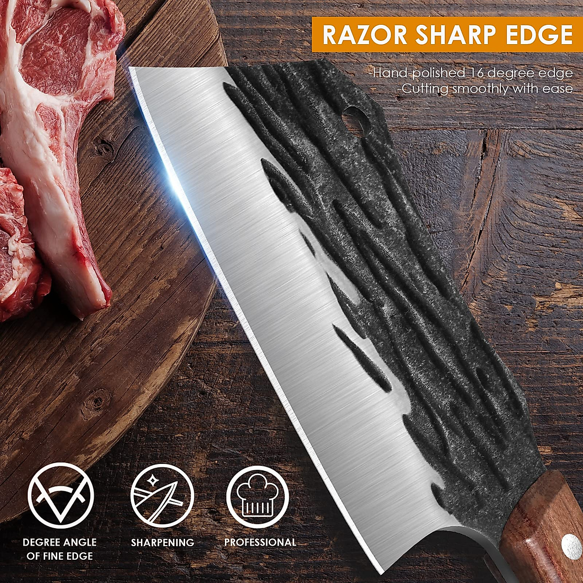 UniqueFire Full Tang 5.8 Inch Meat Cleaver, Sharp Mini Chefs Knife, Carbon steel Handmade Blade, Perfect Outdoor Gift, Mini Camping Knife with Sheath for BBQ, Fishing, Hiking