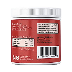 Wild Acre Premium Beef Bone Broth for Dogs – High Protein + Collagen Enhanced with Mushroom Blend for Strong Bones, Joint Flexibility, Digestive Comfort, and Immune Support - Natural Dog Food Topper