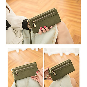 Women's Large Capacity Zip Wallet Phone Holder Clutch Travel Long Purse Wristlet (Dark Green)