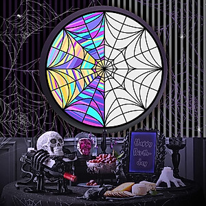 MECOLO Fabric Spider Web Window Gothic Backdrop Wednesday Horror Theme Birthday Photography Background Kids Party Decorations Black White Stripe Photo Banner Props