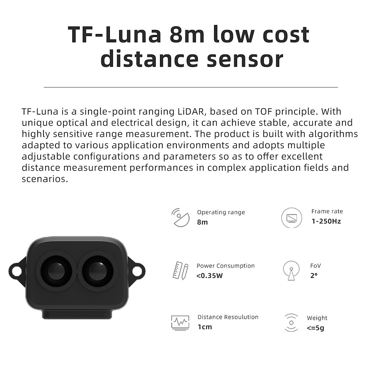 youyeetoo TF-Luna Lidar Sensor Kit, with 1x USB-TTL Adapter 1x Dupont Line, 0.2-8m Measurement Range Distance, Support Raspberry Arduino STM32 MCU for Drone Industrial Sensing Robot Smart Home