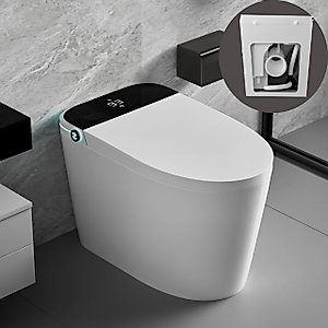 WinZo Rear Outlet Smart Toilet With Bidet Seat, Auto Open & Close, Auto Flush, Heated Seat, Warm Water and Dryer, Night Light, Side Knob, White with Black Panel