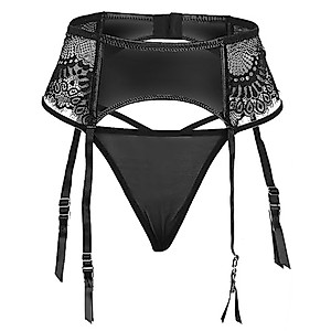 ohyeah Black Floral Lace Garter Belts for Thigh Highs Stockings 4-Strap Metal Clips Mesh Suspender Garter Belt Lingerie XS-S